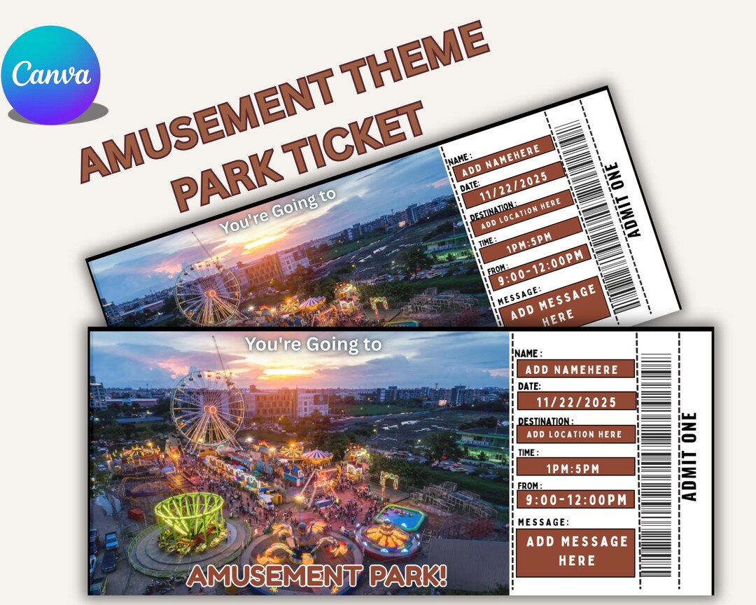 Editable Amusement Theme Park Ticket, Surprise Trip Gift Voucher ...