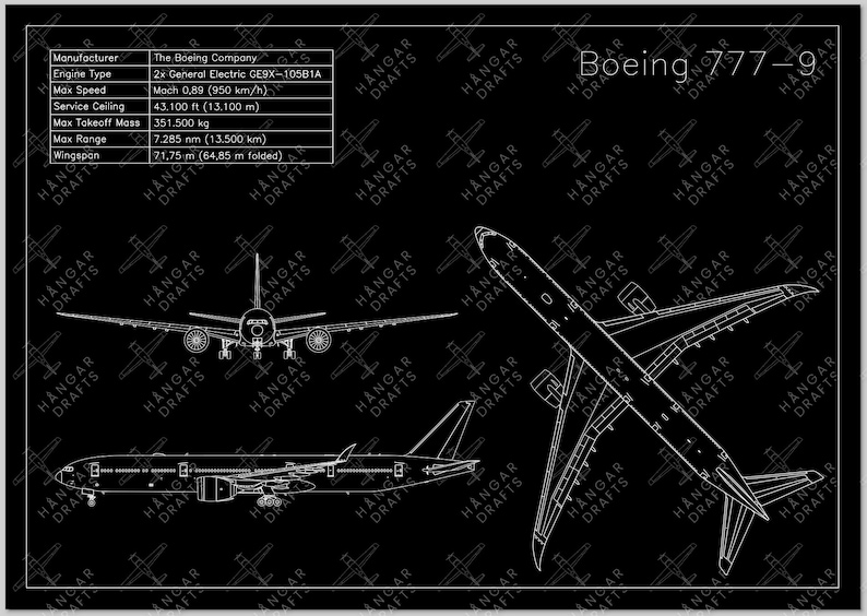 Boeing 777-9 Blueprint | DIN A3 Aircraft Blueprint Poster | Aviation ...