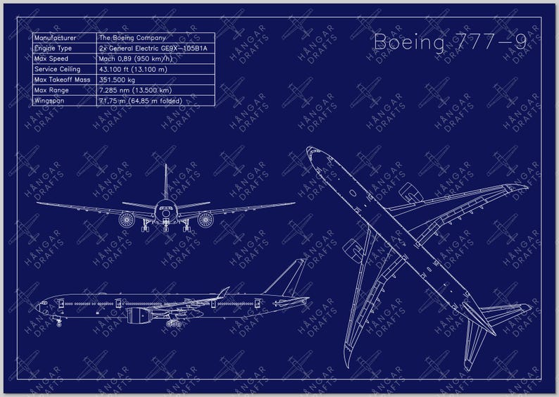 Boeing 777-9 Blueprint | DIN A3 Aircraft Blueprint Poster | Aviation ...