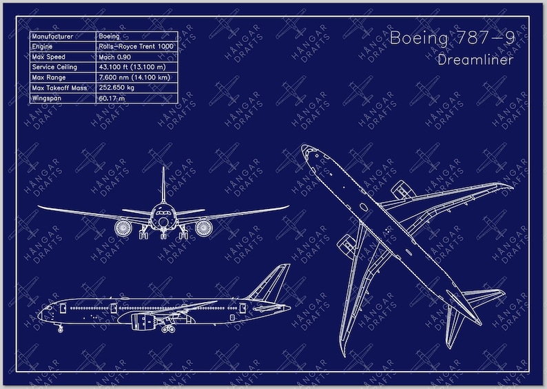 Boeing 787-9 Dreamliner Blueprint | DIN A3 Aircraft Blueprint Poster ...