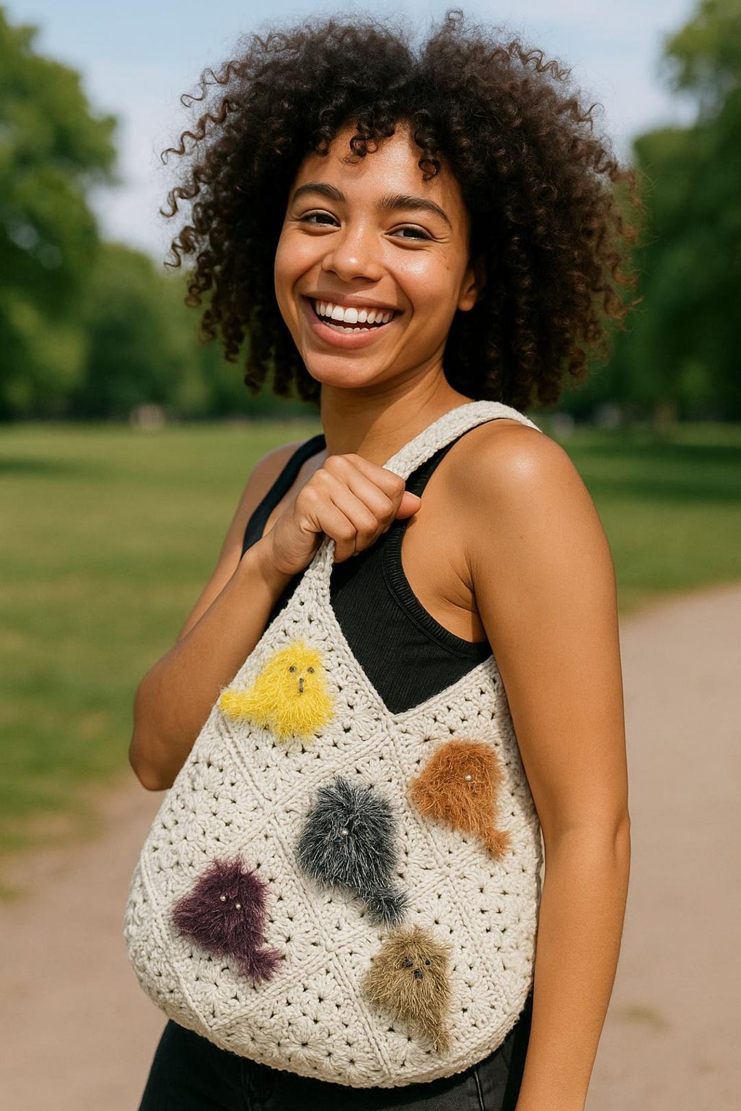 Pluffy Cats Crochet Bag: Granny Square Beige Knit Cat Tote - Etsy