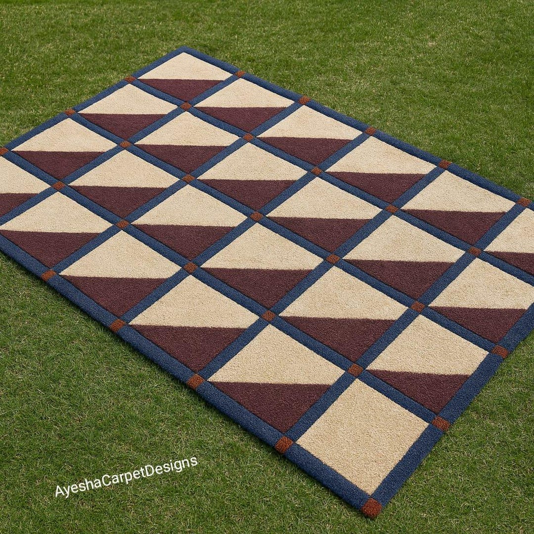 Handmade Geometric Rug | Brown, Beige & Blue Triangle Carpet - Etsy