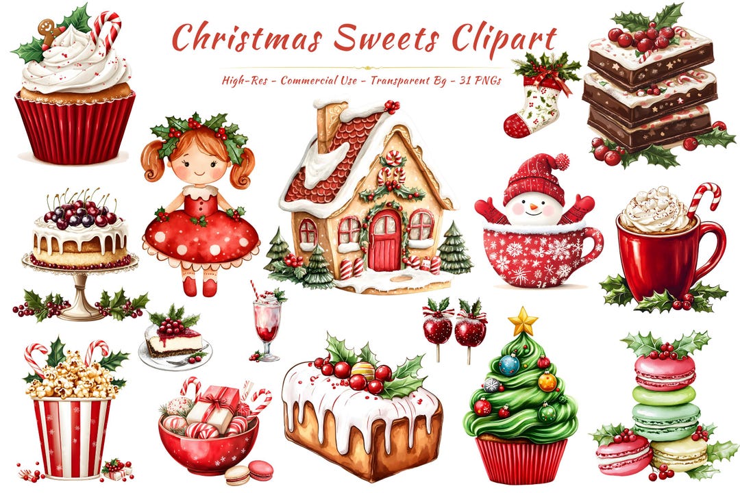 Watercolor Christmas Sweets Clipart PNG | 31 Holiday Dessert Bundle ...