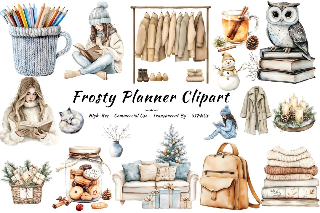 Winter Planner Clipart Bundle, Cozy Hygge Illustration Set (digital ...