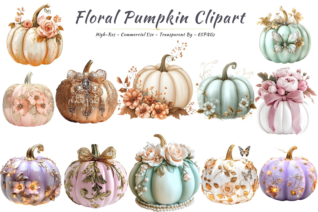 Floral Pumpkin Clipart | Jeweled Pastel Autumn PNG Bundle (commercial ...