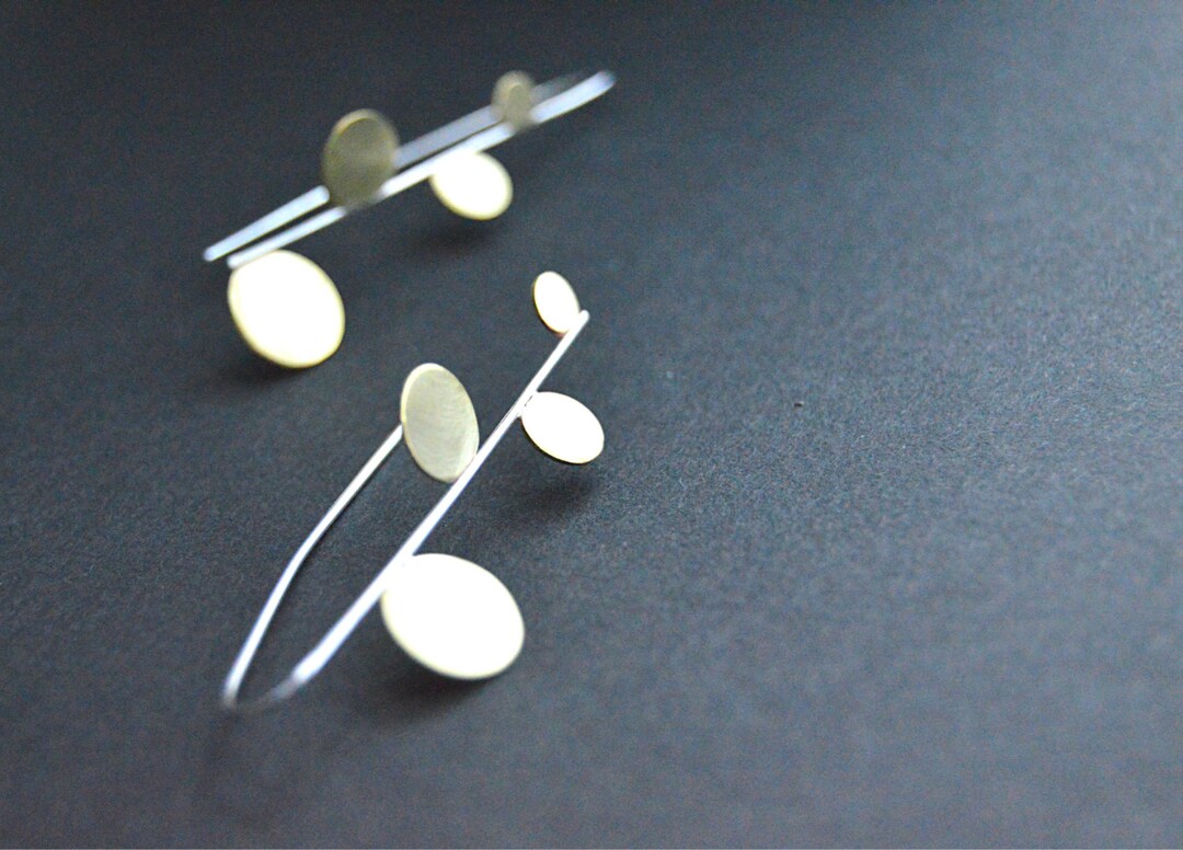 Dot Earrings, Brass and Silver Dangles, Metalwork Earrings, Brass ...
