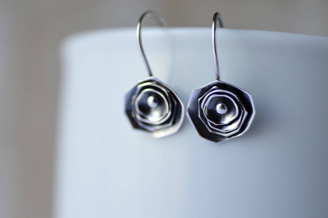Organic Silver Rose Dangles, Small Flower Earrings, Handmade Jewelry ...