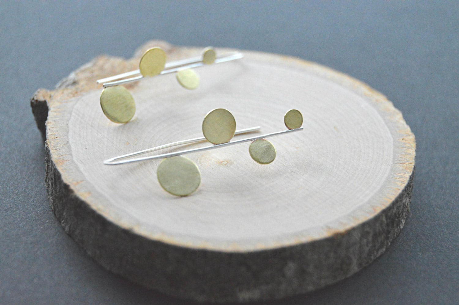 Dot Earrings, Brass and Silver Dangles, Metalwork Earrings, Brass ...
