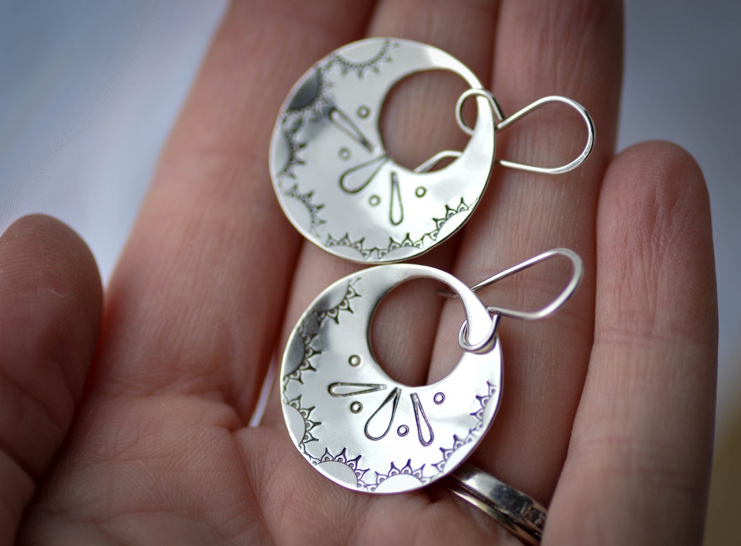 Handstamped Round Silver Earrings, Simple Boheminan Dangles, Sterling ...