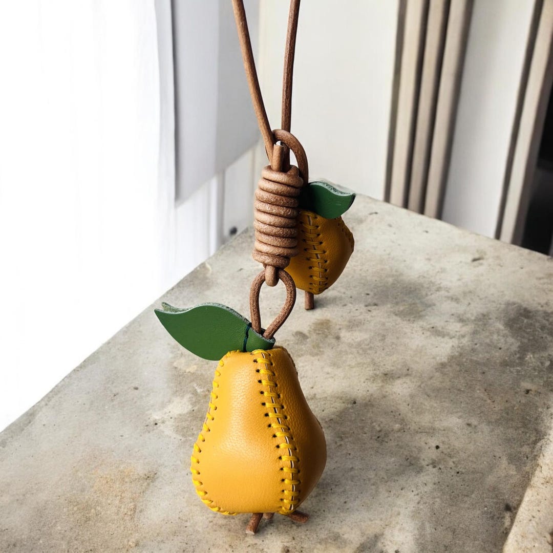 Leather Pear Bag Charm: Handmade Fruit Keychain With Green Leaf - Etsy