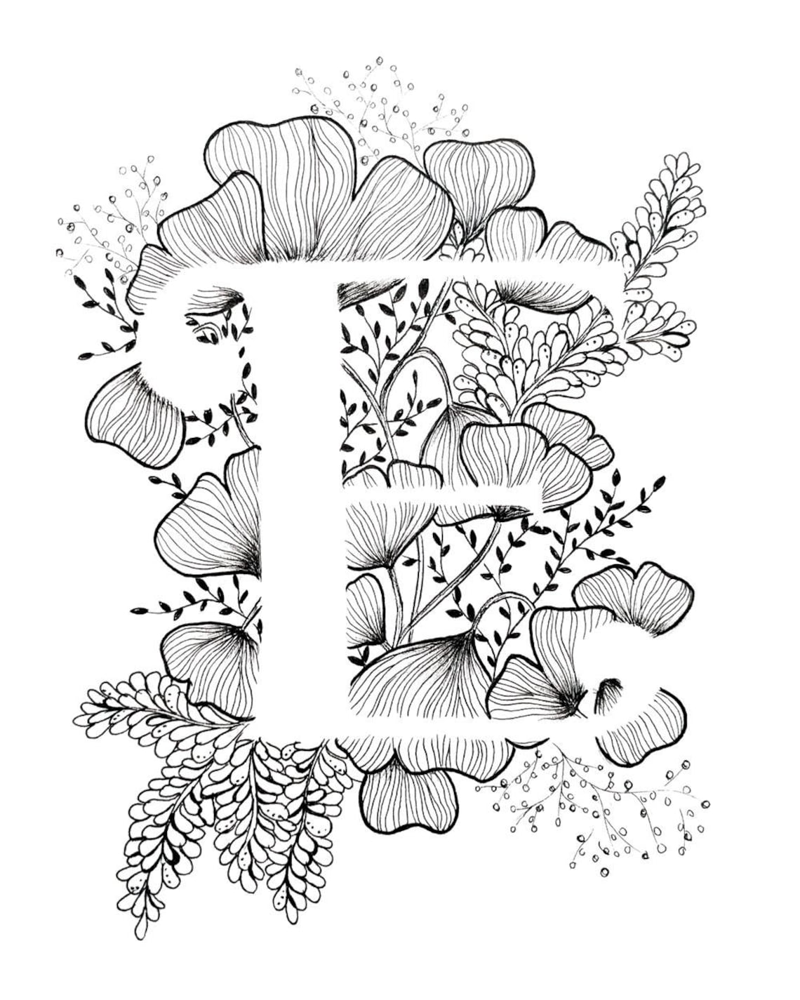 Letter E Print - Alphabet, Calligraphy, Typography, Monogram, Flowers ...