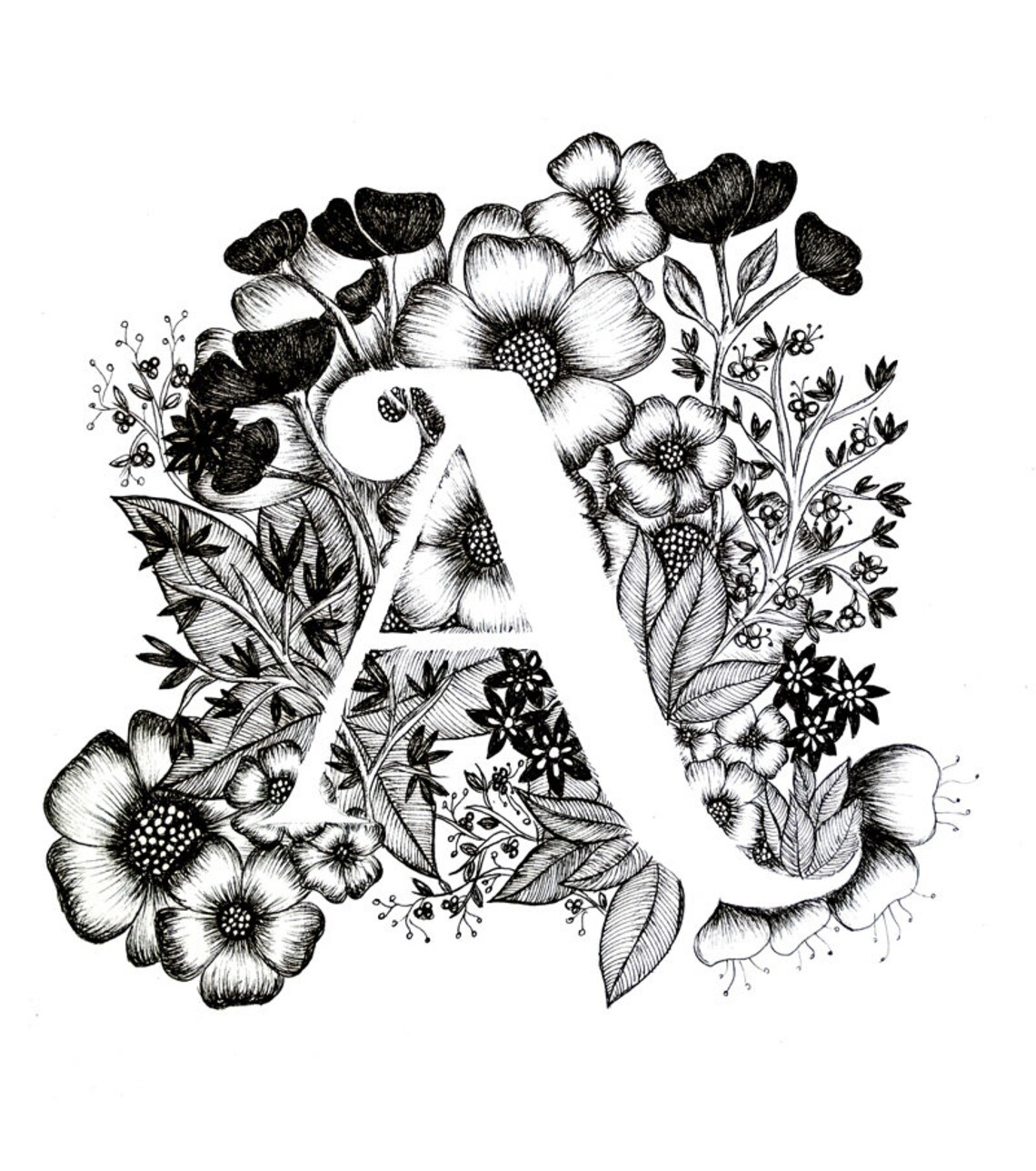 Letter A Print - Alphabet, Calligraphy, Typography, Monogram, Flowers ...