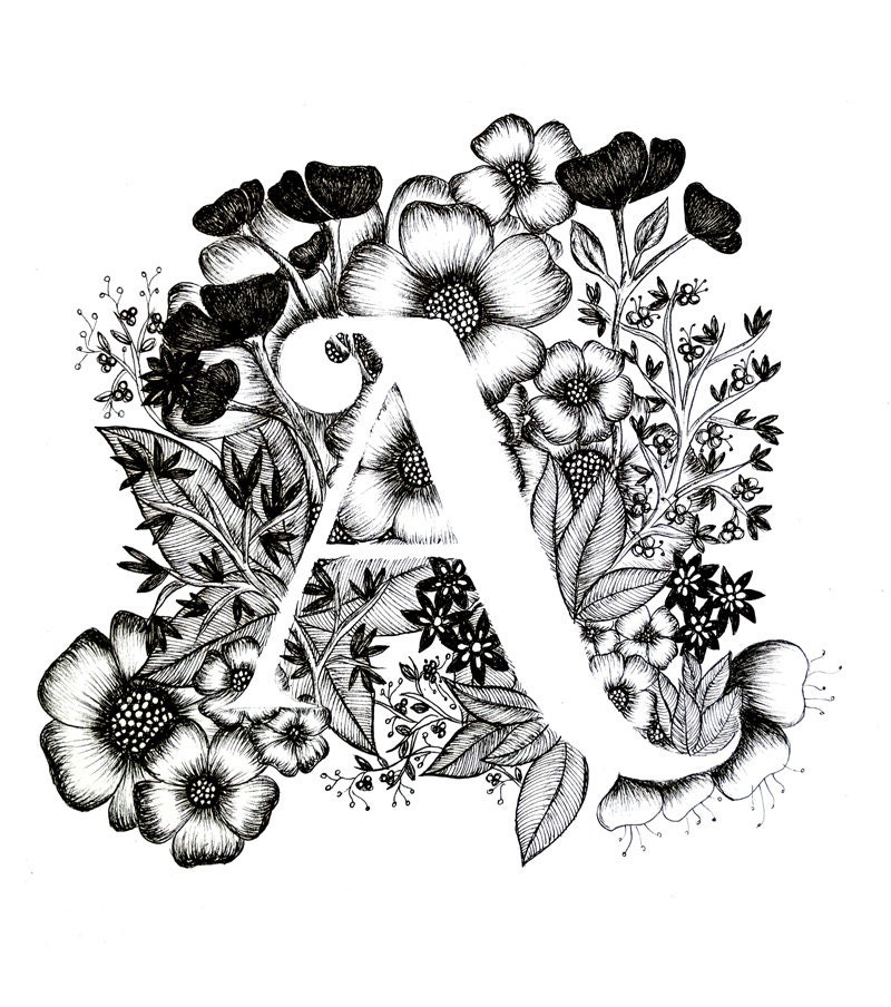 Letter A Print - Alphabet, Calligraphy, Typography, Monogram, Flowers ...