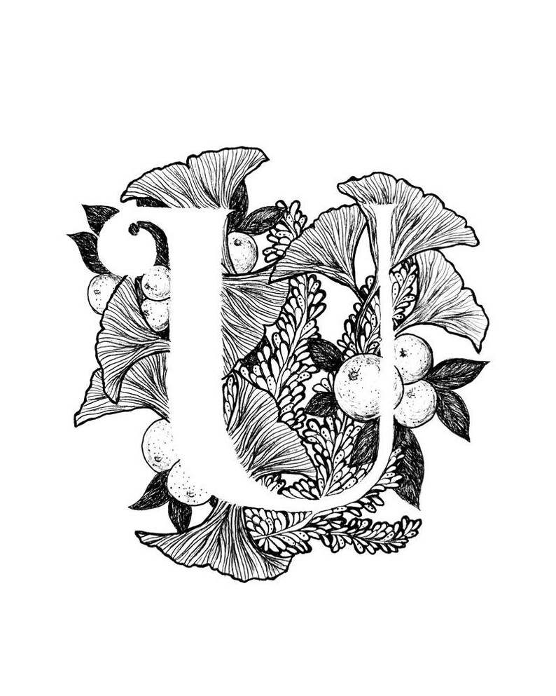 Letter U Print Alphabet, Calligraphy, Typography, Monogram, Flowers ...