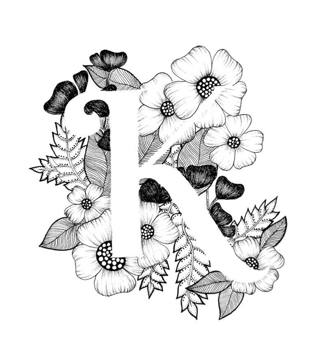 Letter K Print - Alphabet, Calligraphy, Typography, Monogram, Flowers ...