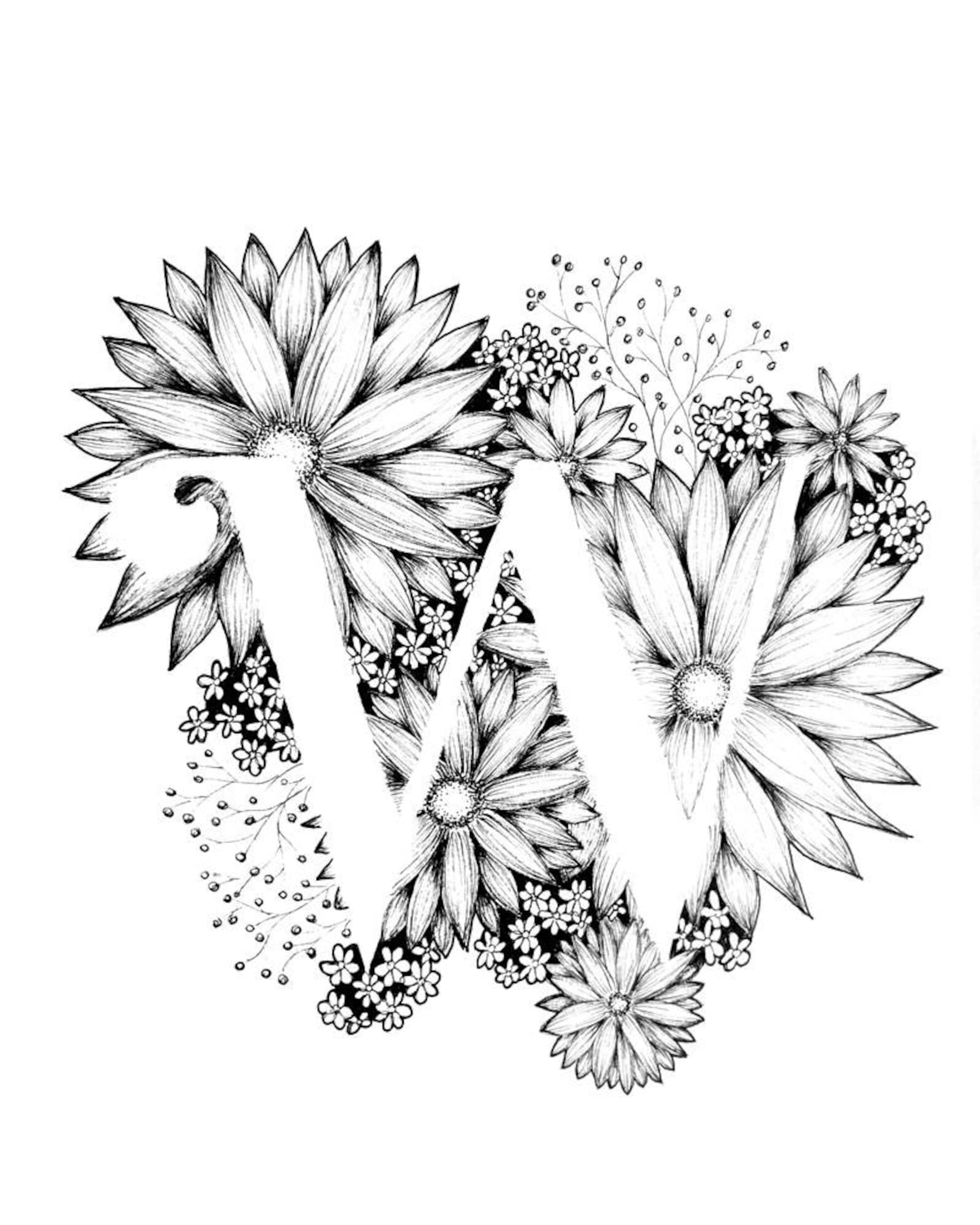 Letter W Print - Alphabet, Calligraphy, Typography, Monogram, Flowers ...