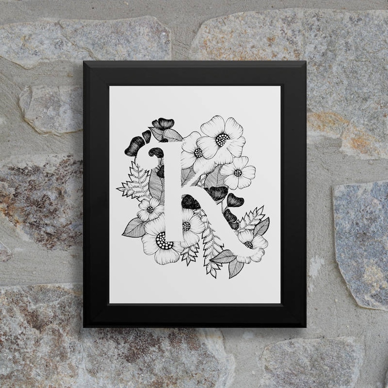 Letter K Print - Alphabet, Calligraphy, Typography, Monogram, Flowers ...