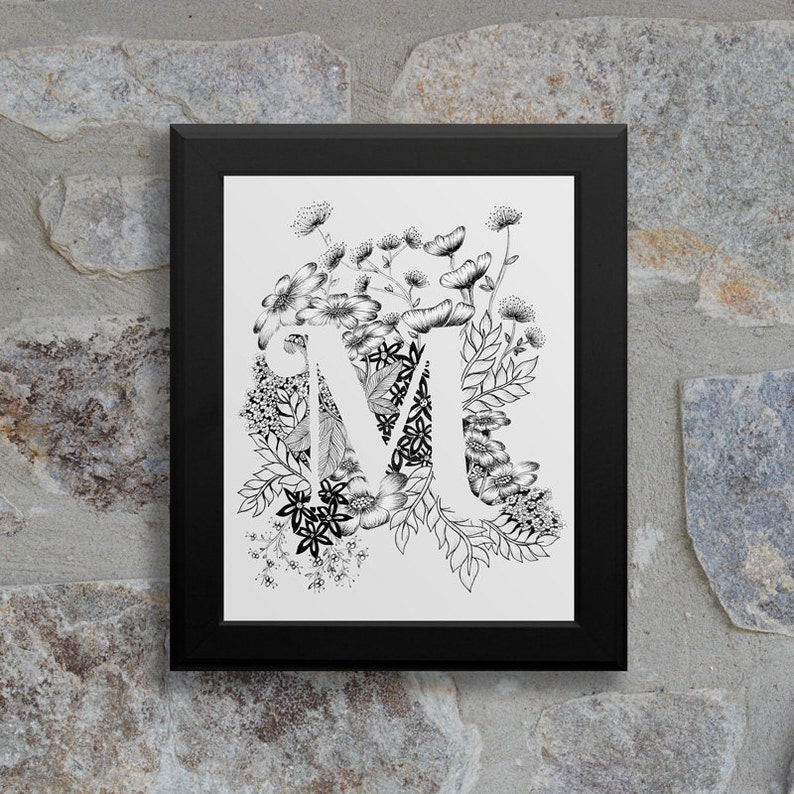 Letter M Print - Alphabet, Calligraphy, Typography, Monogram, Flowers ...