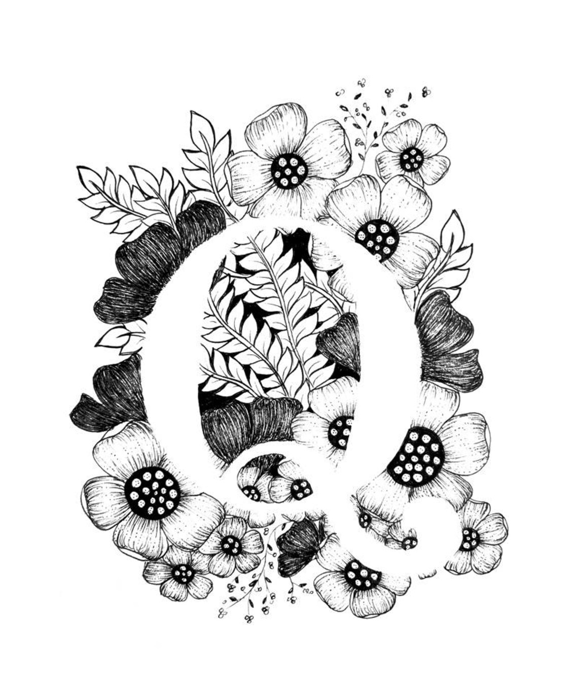 Letter Q Print - Alphabet, Calligraphy, Typography, Monogram, Flowers ...