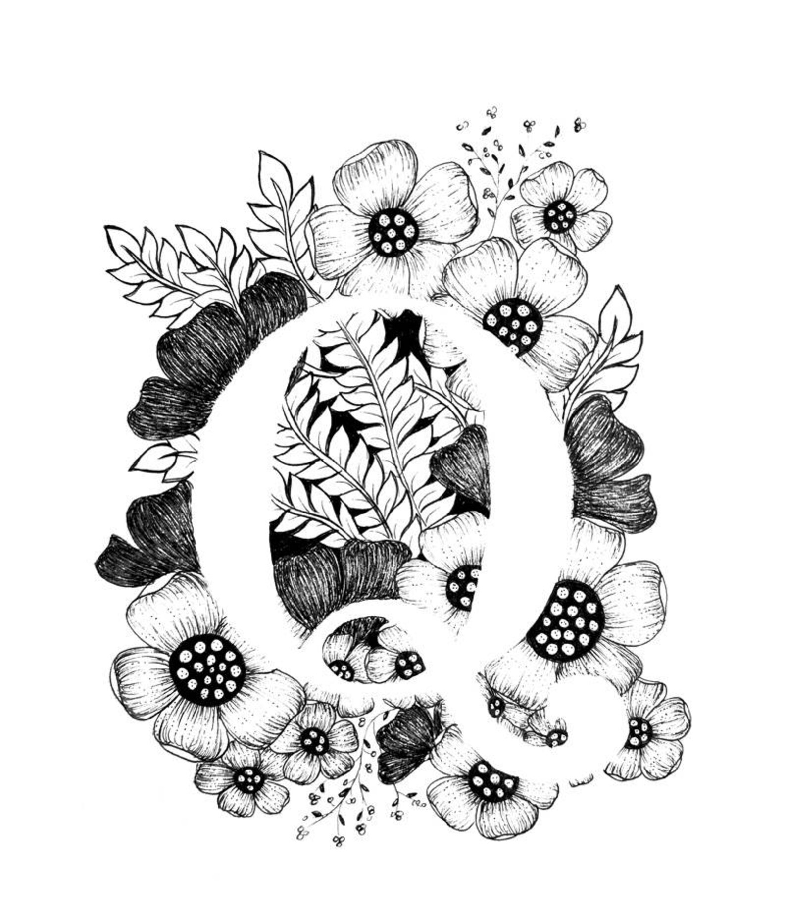 Letter Q Print - Alphabet, Calligraphy, Typography, Monogram, Flowers ...