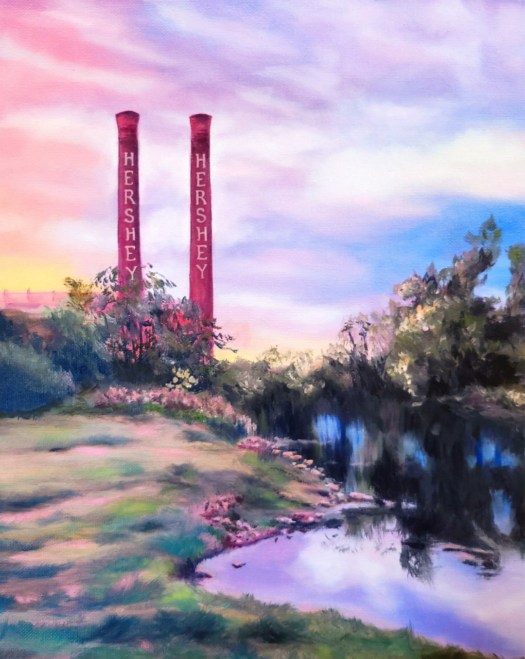 Hershey, PA Chocolate Factory Smoke Stacks at Sunset: Oil Painting ...