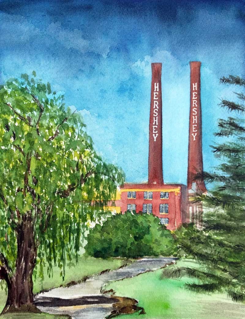 Hershey, PA Chocolate Factory Smoke Stacks: Watercolor, Wall Art - Art ...