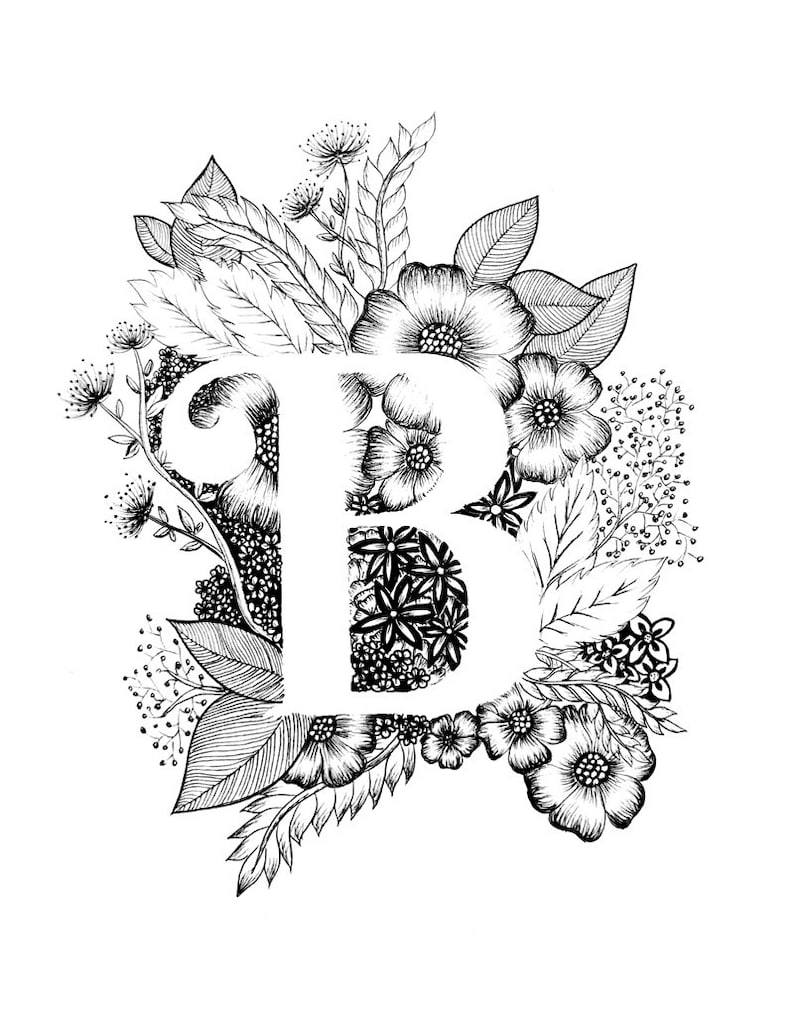 Letter B Print - Alphabet, Calligraphy, Typography, Monogram, Flowers ...