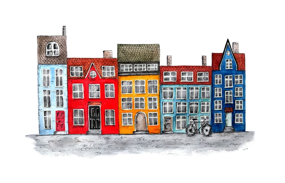 Danish Row Houses, Nyhavn, Copenhagen: Watercolor and Pen and Ink, Wall ...