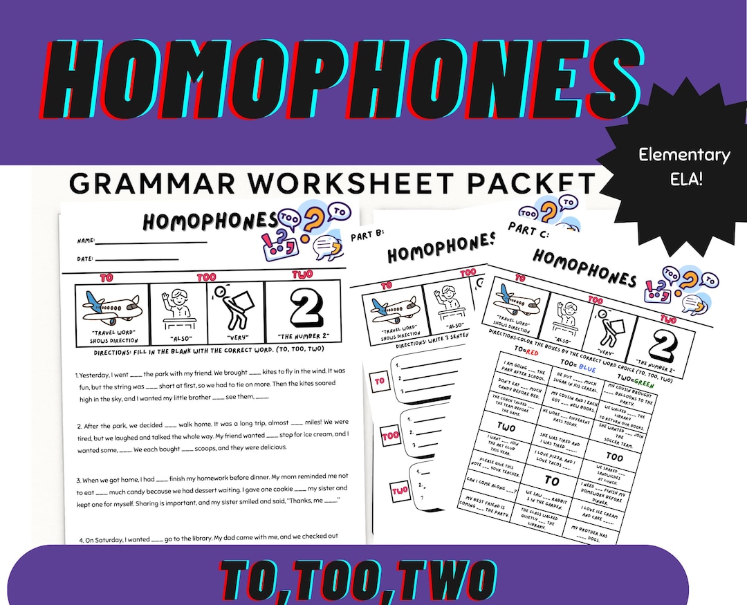 To Too Two Homophones Packet: Elementary ELA Activities - Etsy