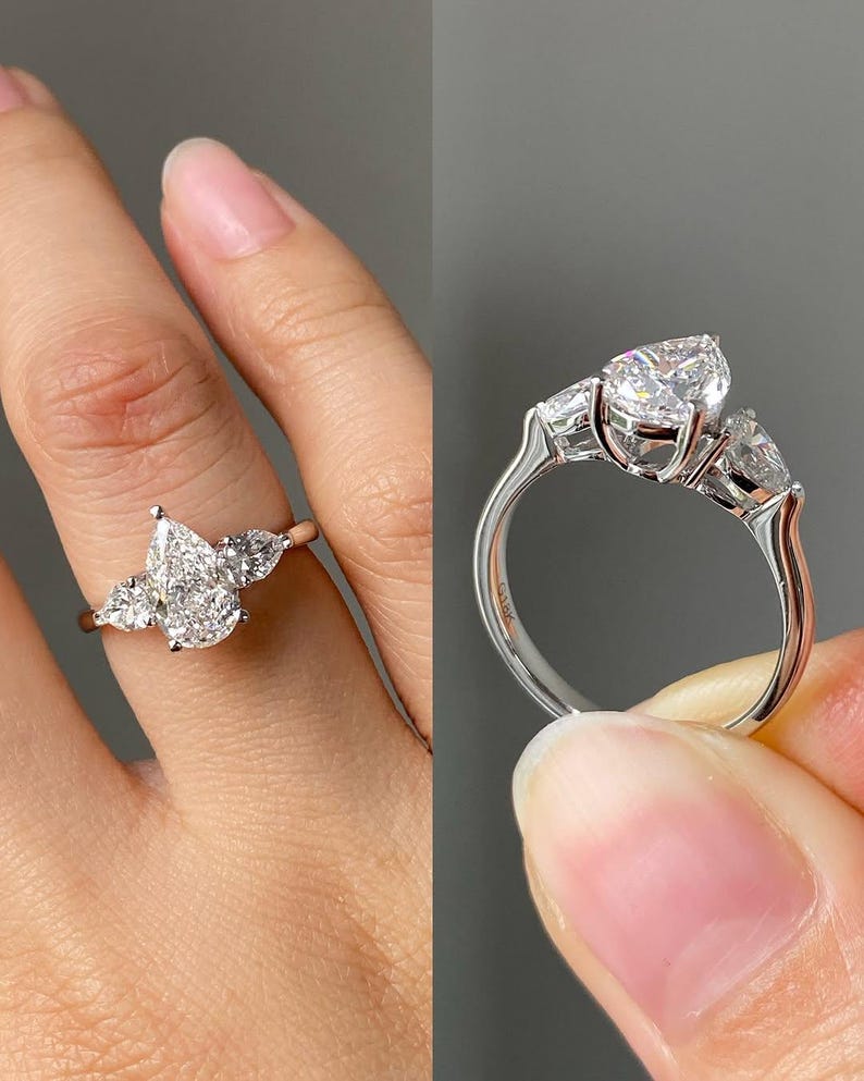 Pear Cut Moissanite Engagement Ring, White Gold Trillion Side Stones ...