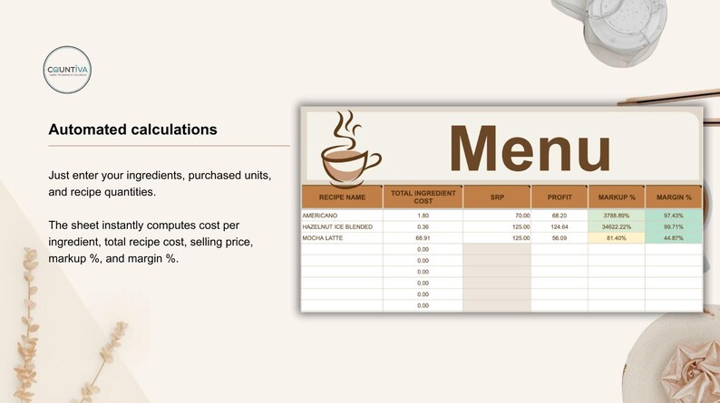 Coffee Shop Costing Calculator | Google Sheets Template for Recipe ...