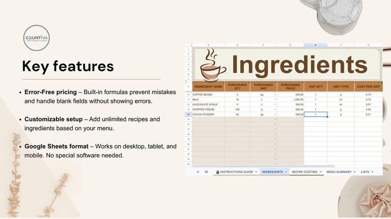 Coffee Shop Costing Calculator | Google Sheets Template for Recipe ...