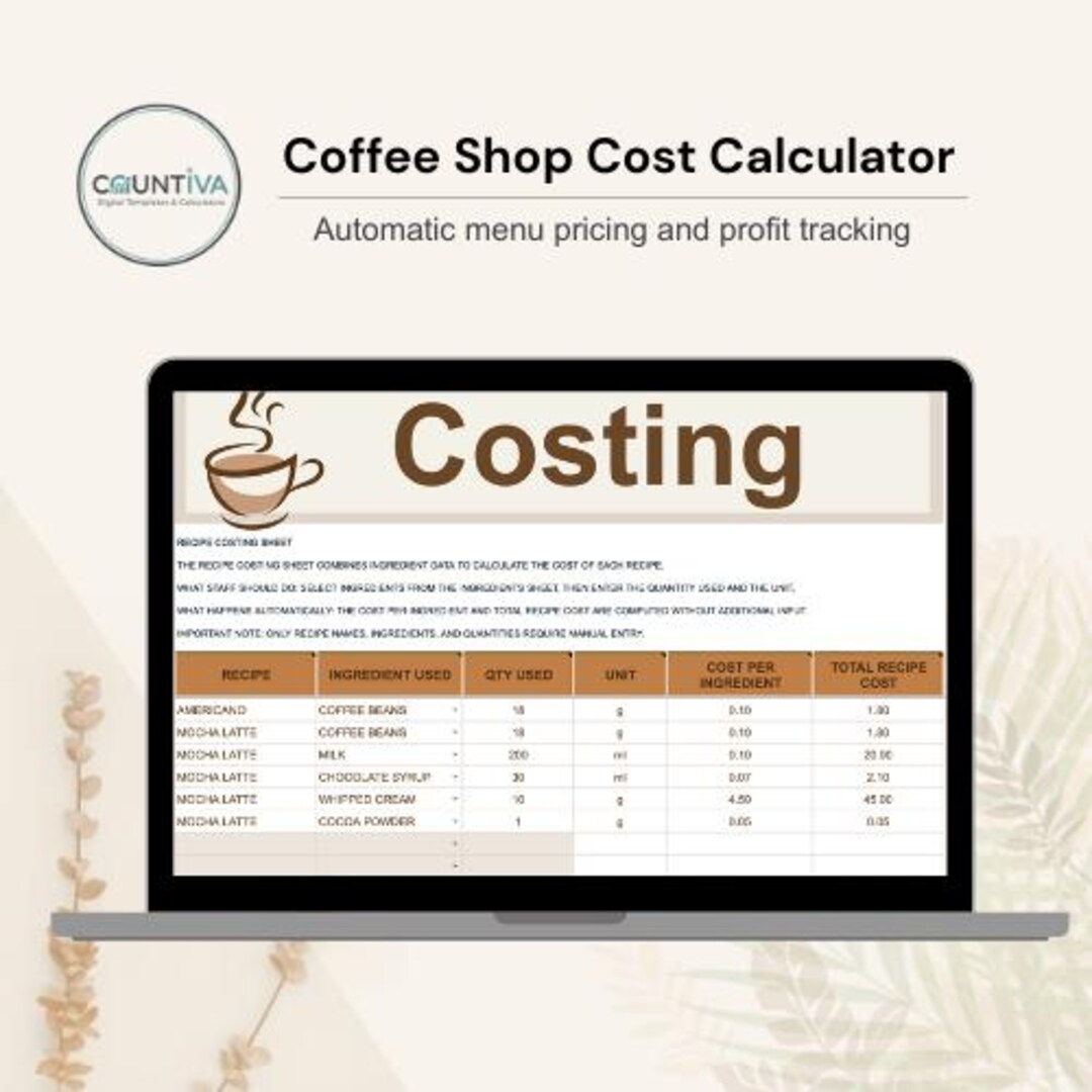 Coffee Shop Costing Calculator | Google Sheets Template for Recipe ...