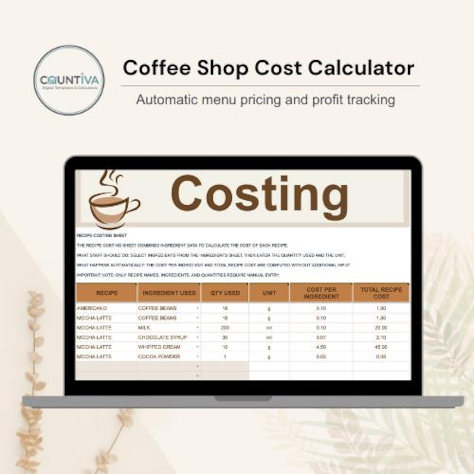 Coffee Shop Costing Calculator | Google Sheets Template for Recipe ...