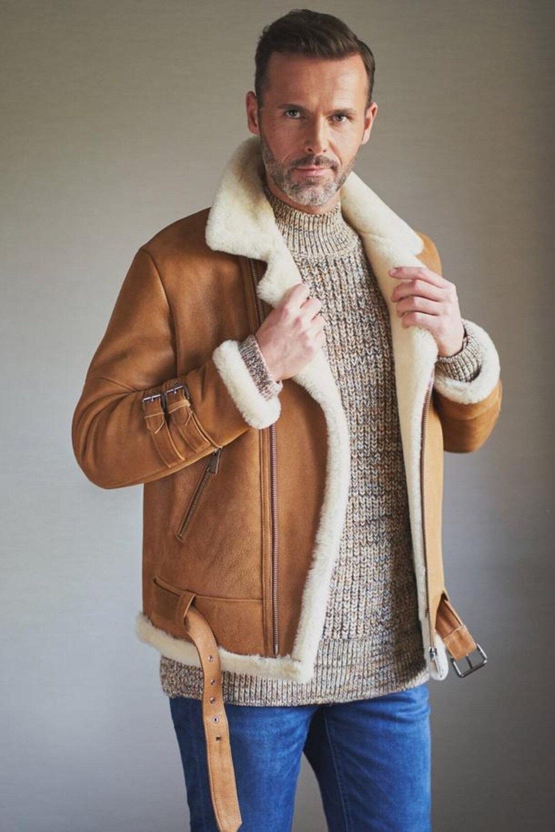 Men's Shearling Lambskin Leather Aviator Jacket: Vintage B3 Bomber Coat ...