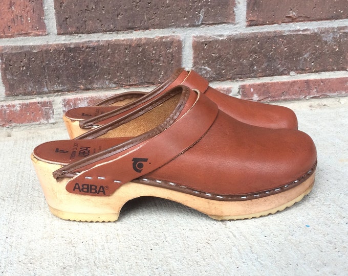 Vtg 70s ABBA Light Brown Leather WOOD CLOGS Boho 6.5 Hippie Swedish ...