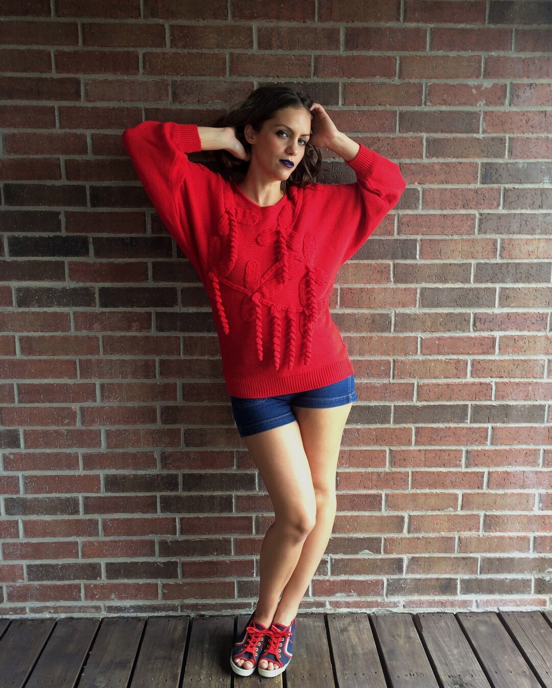 Vintage 80s Cherry Red LOOPY FRINGE Avant Garde SWEATER Os Swirl Knit ...
