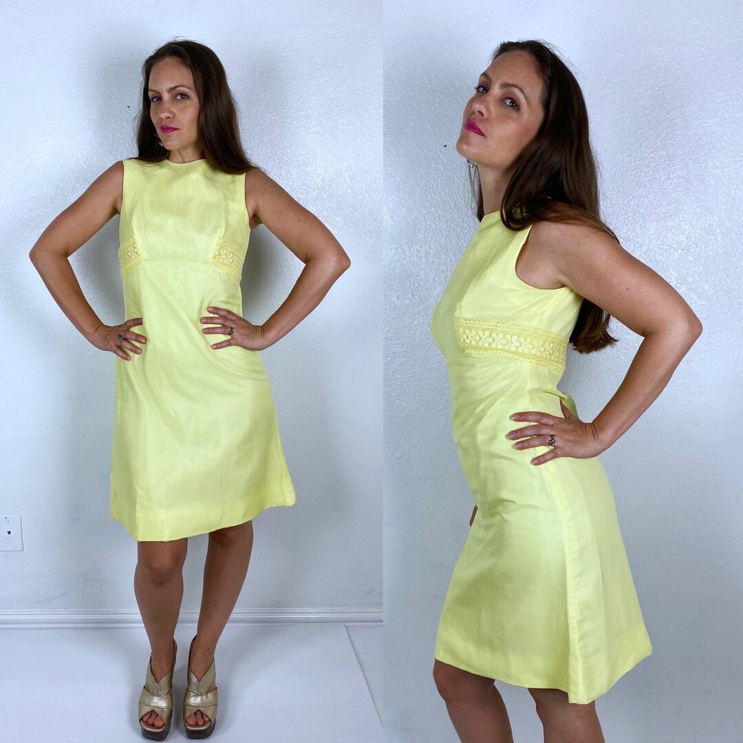 Vintage 60s Yellow Silk FLOWER POWER Cocktail DRESS Small Groovy Retro ...