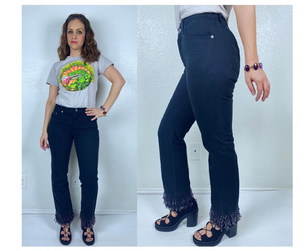 Vintage 2000s Black BEADED FRINGE Mid Rise JEANS Xs/s Boyfriend Jeans ...
