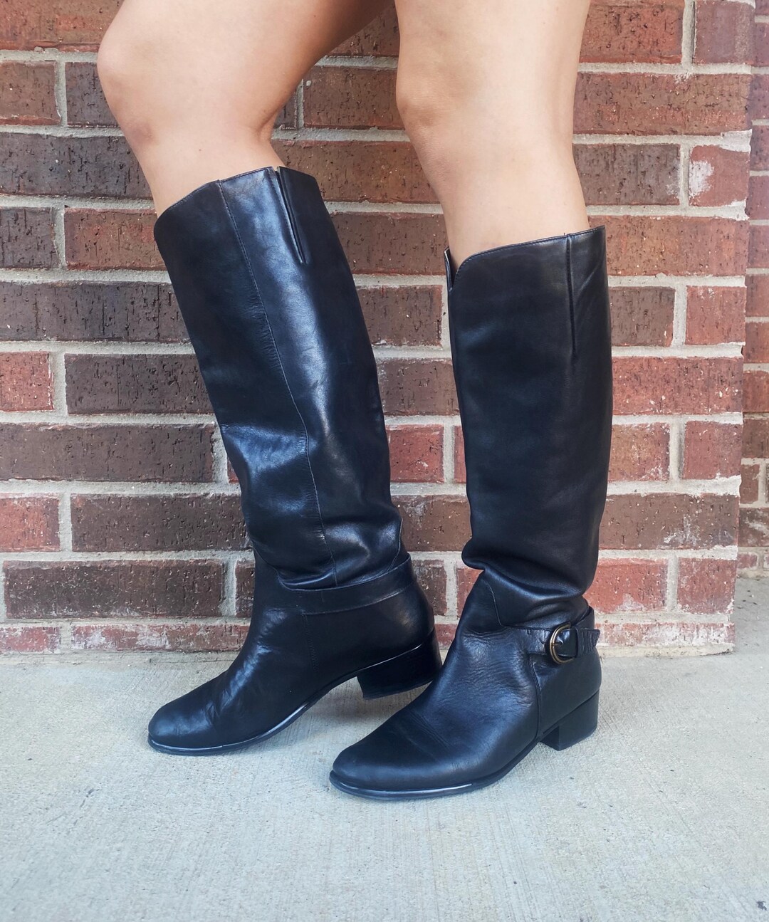 Size 9 Vintage 80s Sleek Black BUCKLE HARNESS Riding BOOTS Tall Italian ...