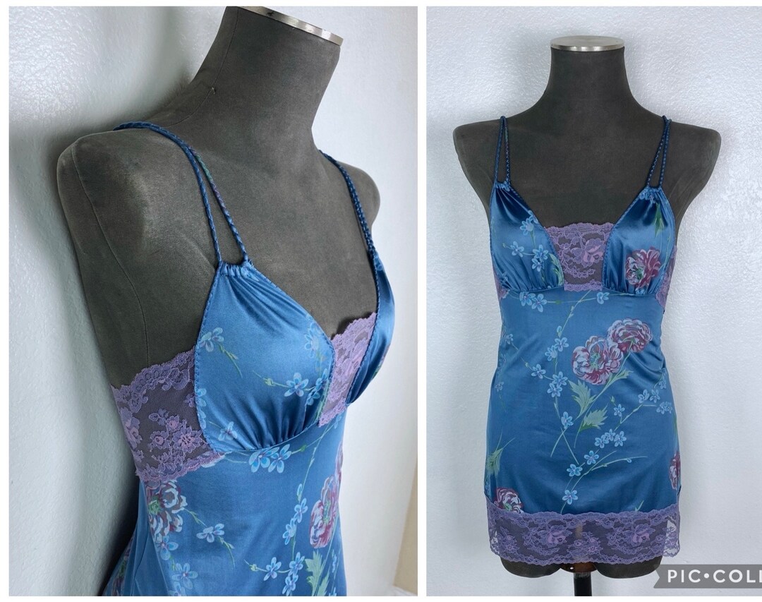 Vintage 70s Dusty Blue FLORAL Sheer Lace PLUNGING SLIP Xs/s Nightgown ...