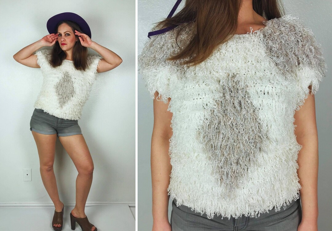 Vintage 80s Ivory LOOPY FRINGE Shaggy Knit JUMPER Medium Neutral Gray ...