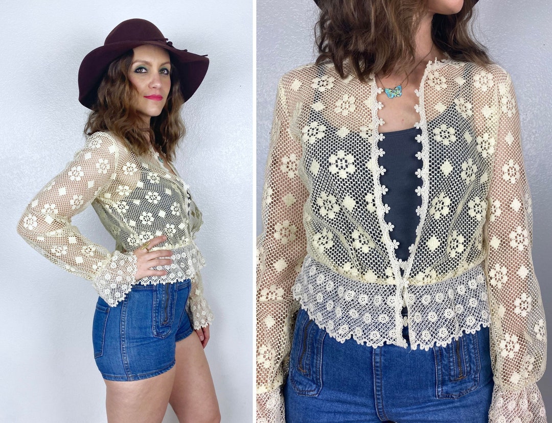 Vintage 70s Cut Out Lace FLOWER POWER JACKET Small Cottage Core Prairie ...