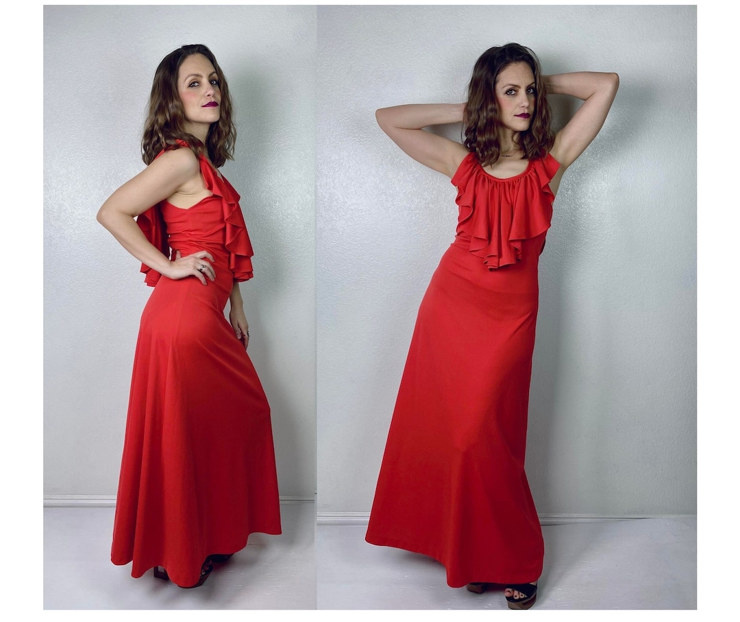 Vintage 70s FIRE RED Ruffle Maxi DRESS Small/medium Strappy Draped Disco Gown Dramatic Evening ...