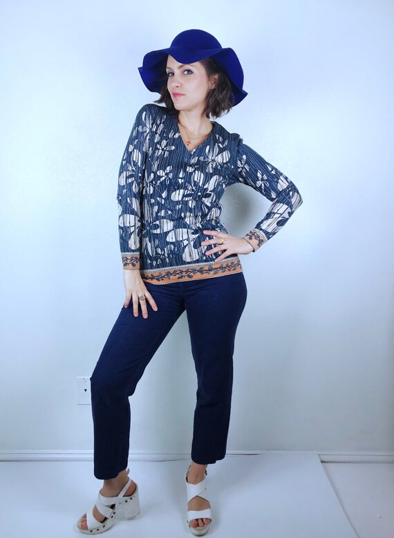 vintage 60s Dusty Blue FLOWER POWER Psychedelic Knit … - Gem