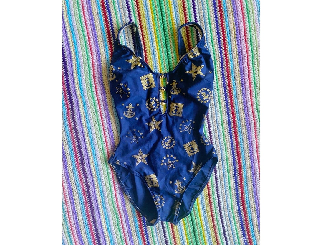 Vintage 90s NAUTICAL Cut Out Anchor SWIMSUIT Small Sailor Print Gold ...