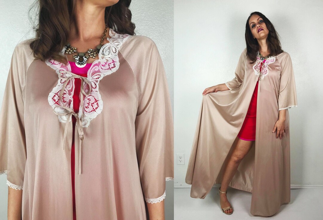 Vintage 70s ICED MOCHA Lace PEGNOIR Large Wide Sleeve Robe Maxi Trapeze ...