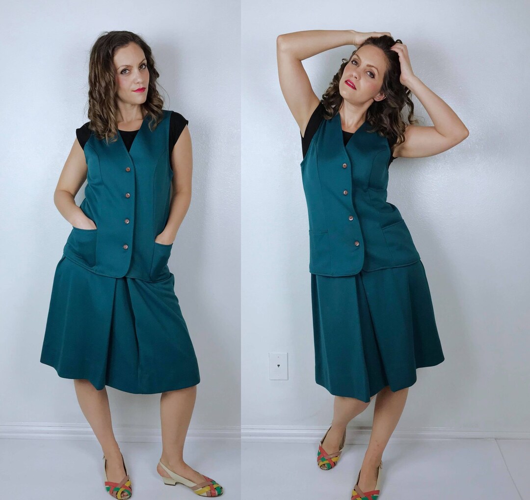 Vintage 70s Jade Green MATCHING Set VEST, SKIRT Medium Vintage 70s Suit ...