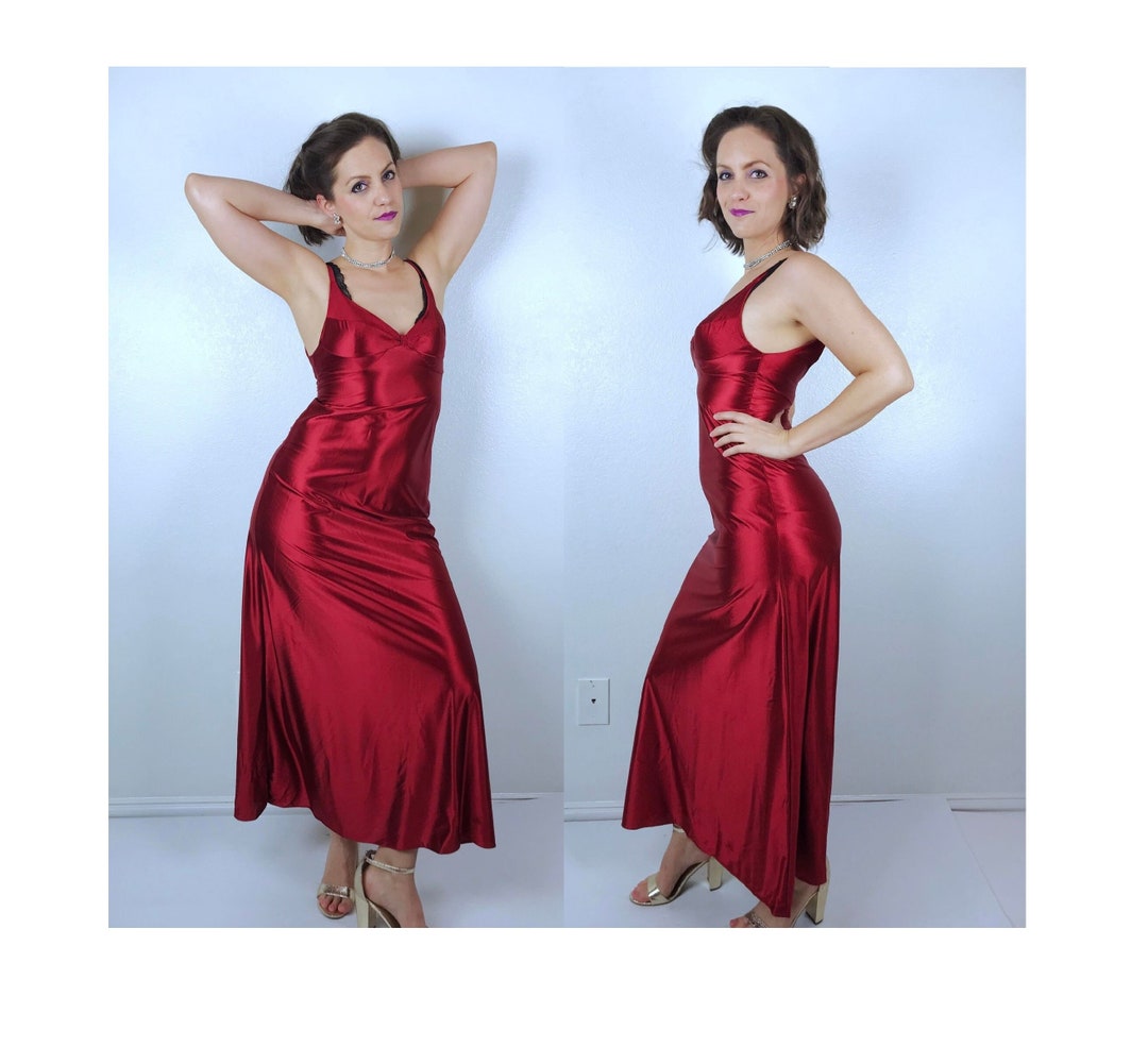 Vintage 70s Liquid Satin CHERRY RED Maxi Slip DRESS Xs/s Vintage ...