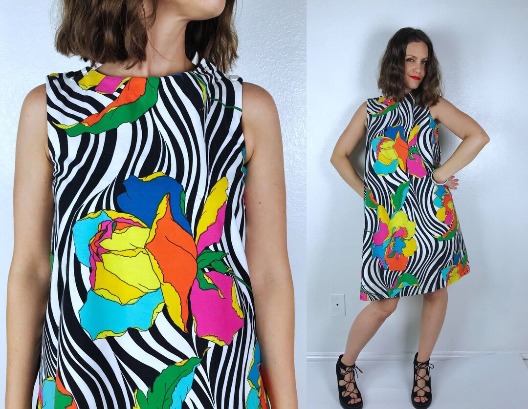 Vintage 60s Neon GENO Psychedelic Swirl MOD DRESS Small Op Art Colorful ...
